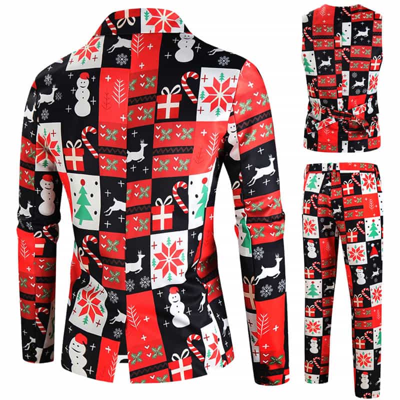 Men Christmas 3 Piece Suit Casual Red Printed Tuxedos Holiday Clothing ...